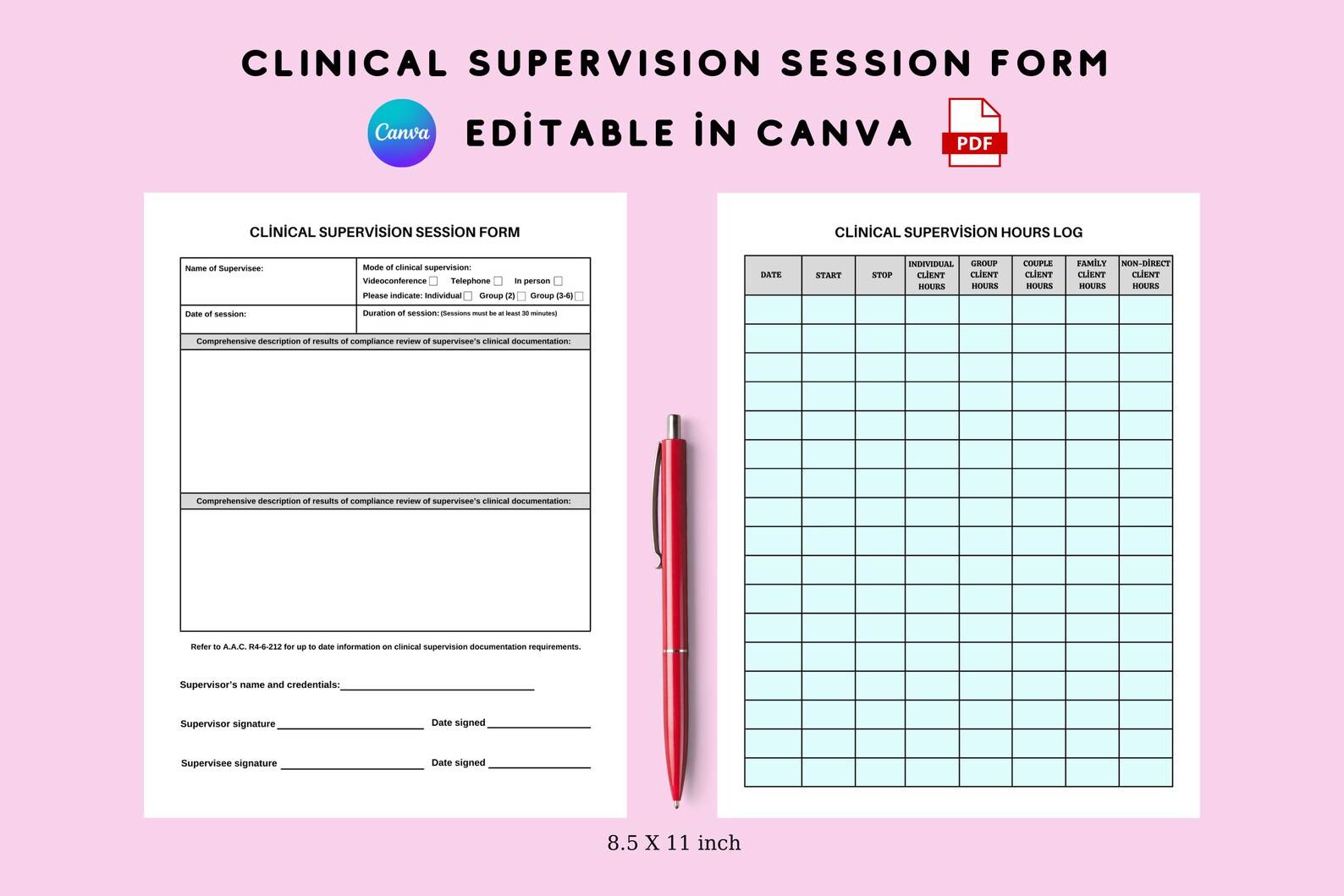 Printable Clinical Supervision Form & Hours Log: Editable Canva / PDF ...