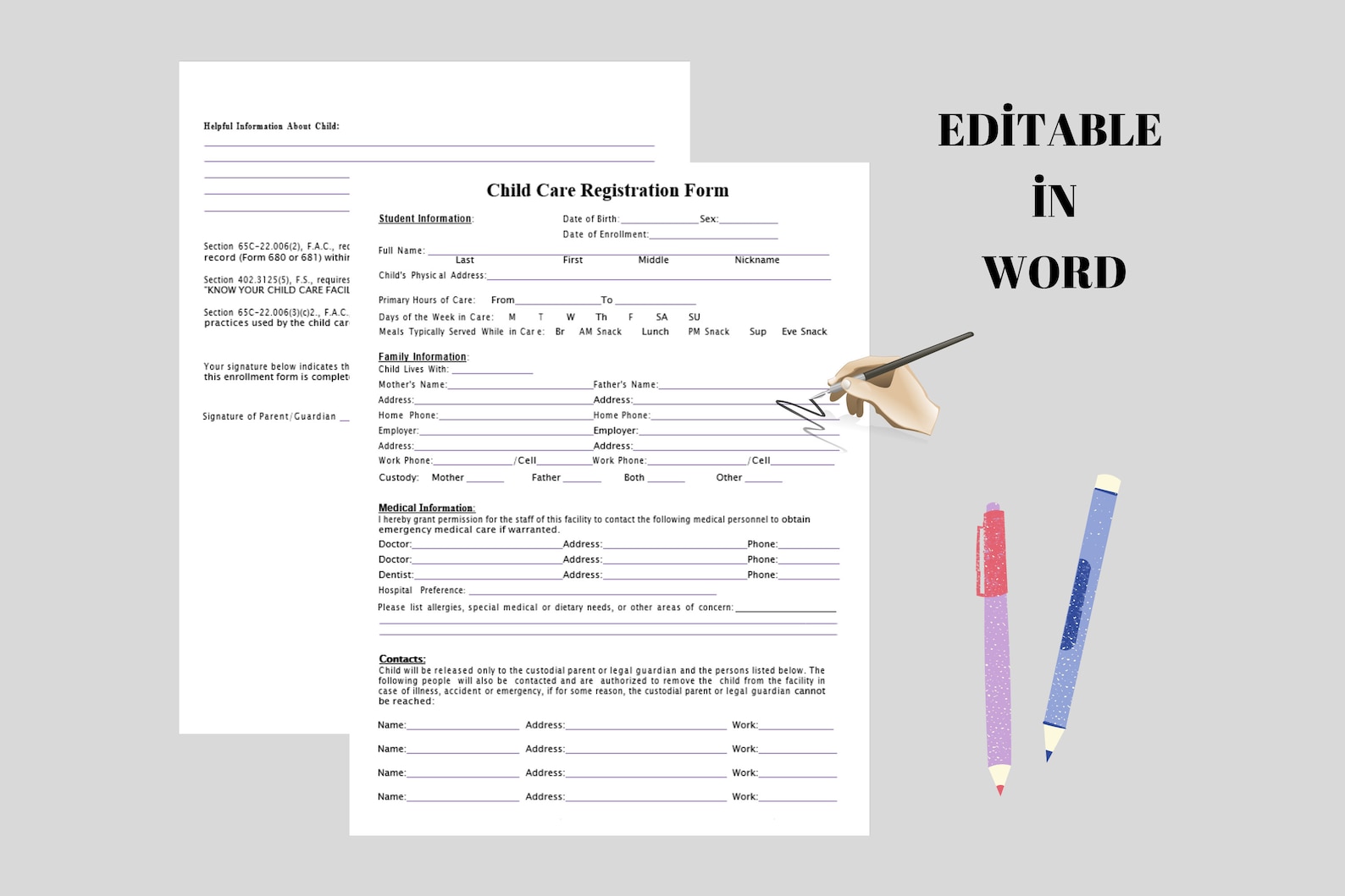 Editable Childcare Registration Form, Nursery & Preschool, Childcare ...