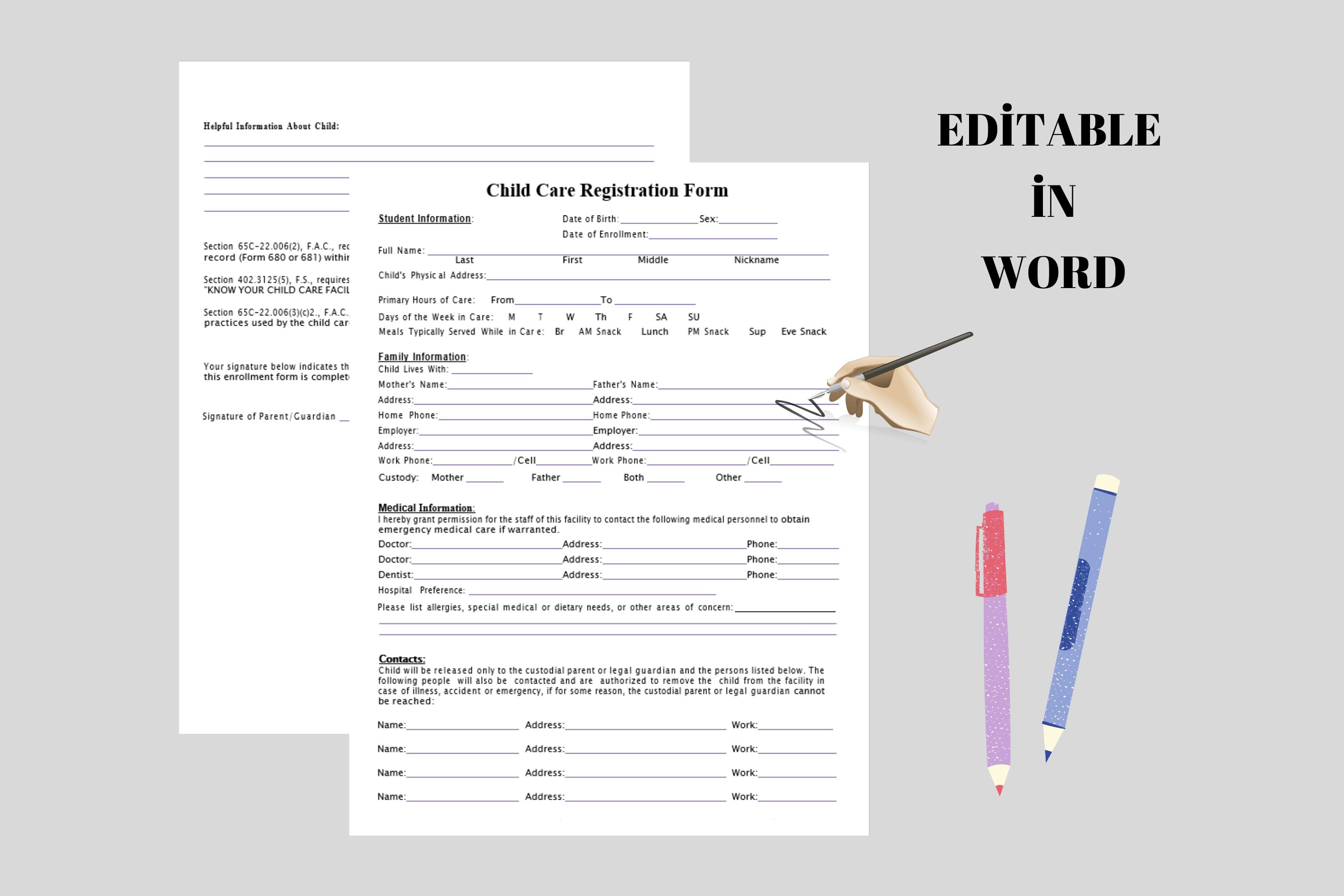 Editable Childcare Registration Form, Nursery, Preschool (WORD, CANVA ...