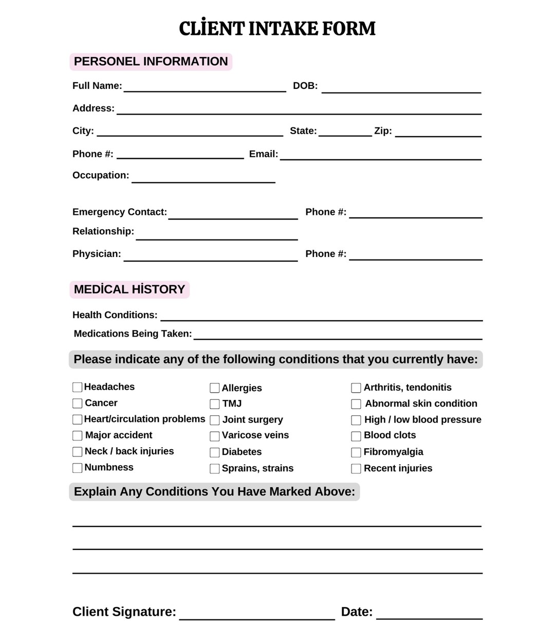 Printable Customer Acceptance Form, Editable Client Intake Form ...
