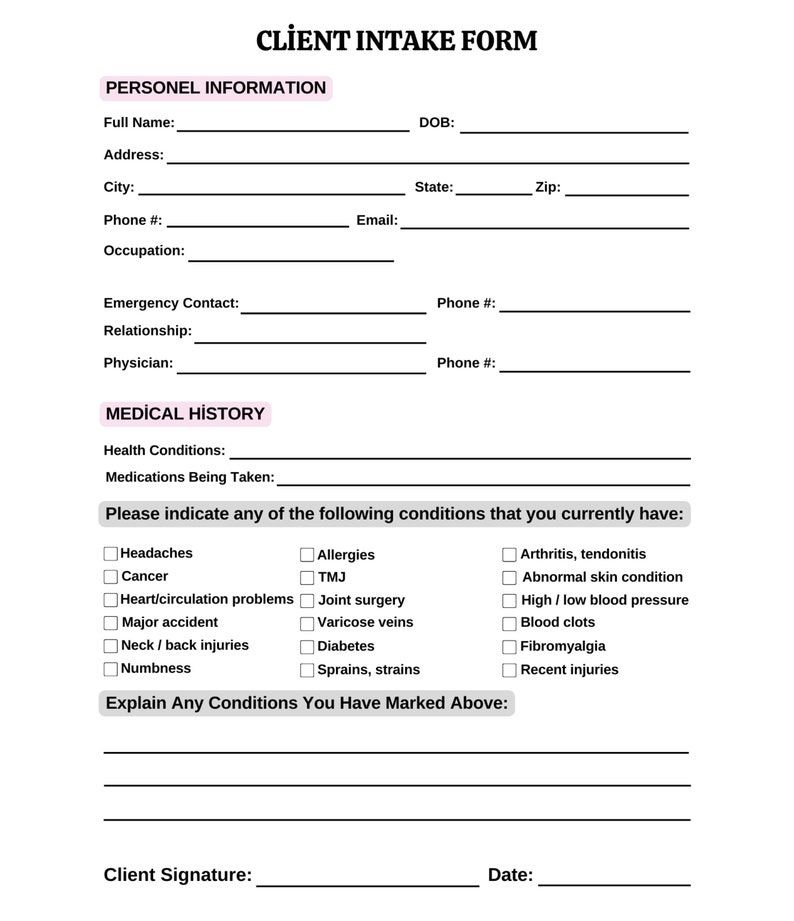 Printable Customer Acceptance Form, Editable Client Intake Form ...