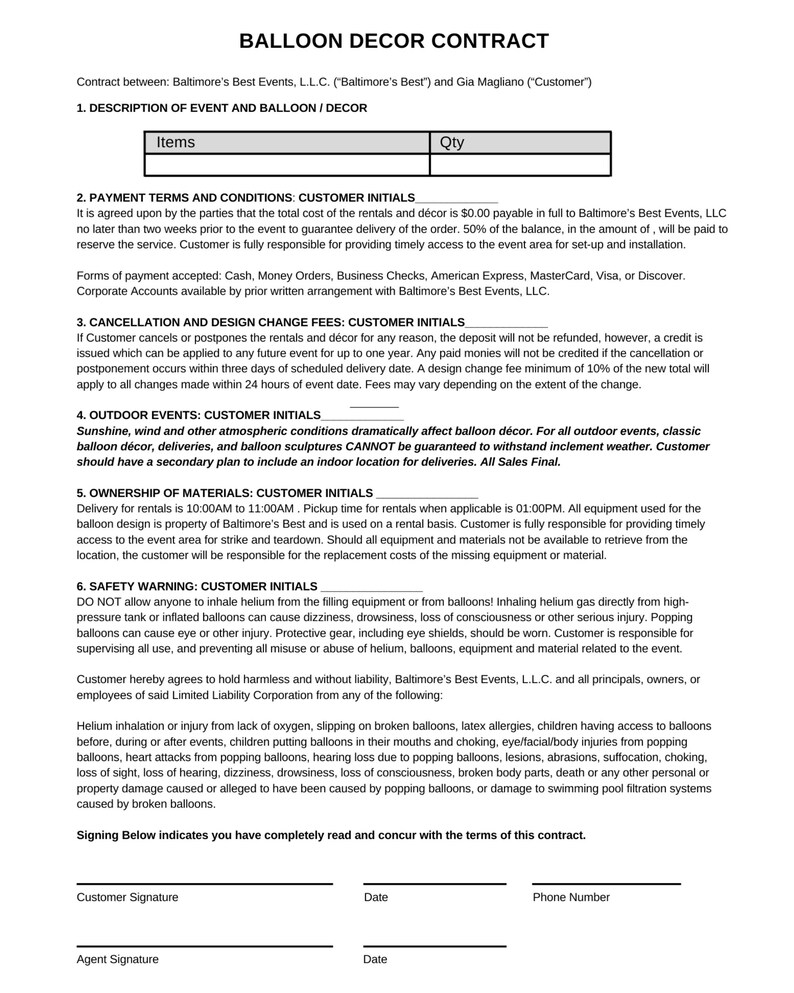 Printable Balloon Artist Contract Template, Editable Balloon Decor ...
