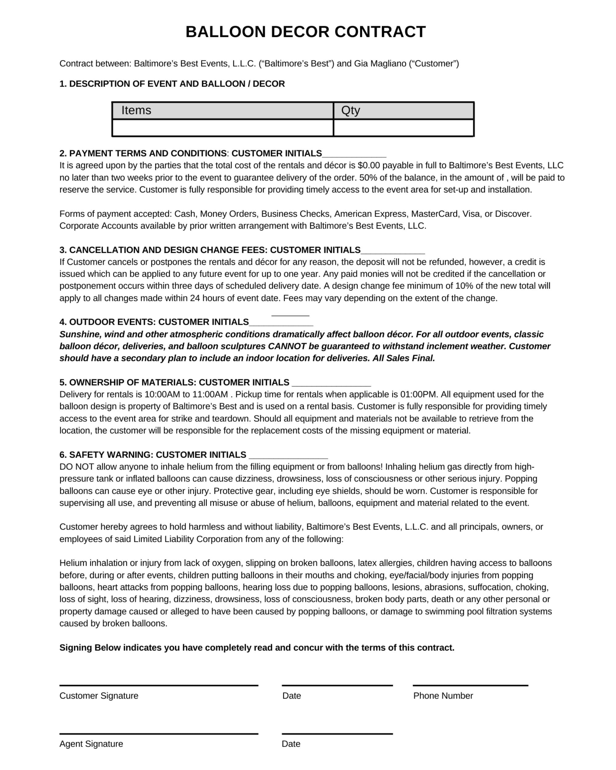 Printable Balloon Artist Contract Template, Editable Balloon Decor ...