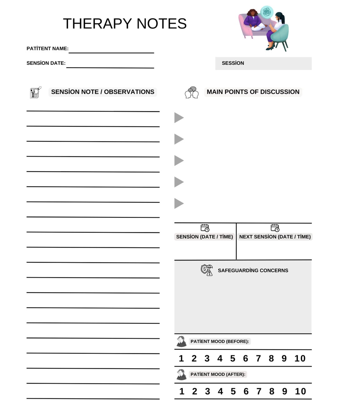 Therapist Note Sheets: Editable Worksheet Template (canva, Printable ...