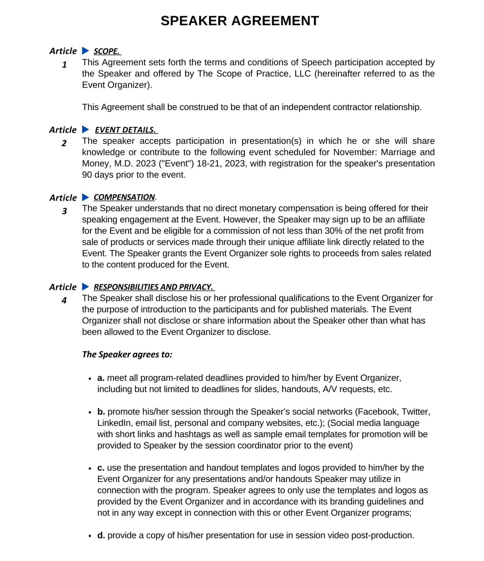 Printable Speaker Agreement Template: Editable in Canva (digital ...