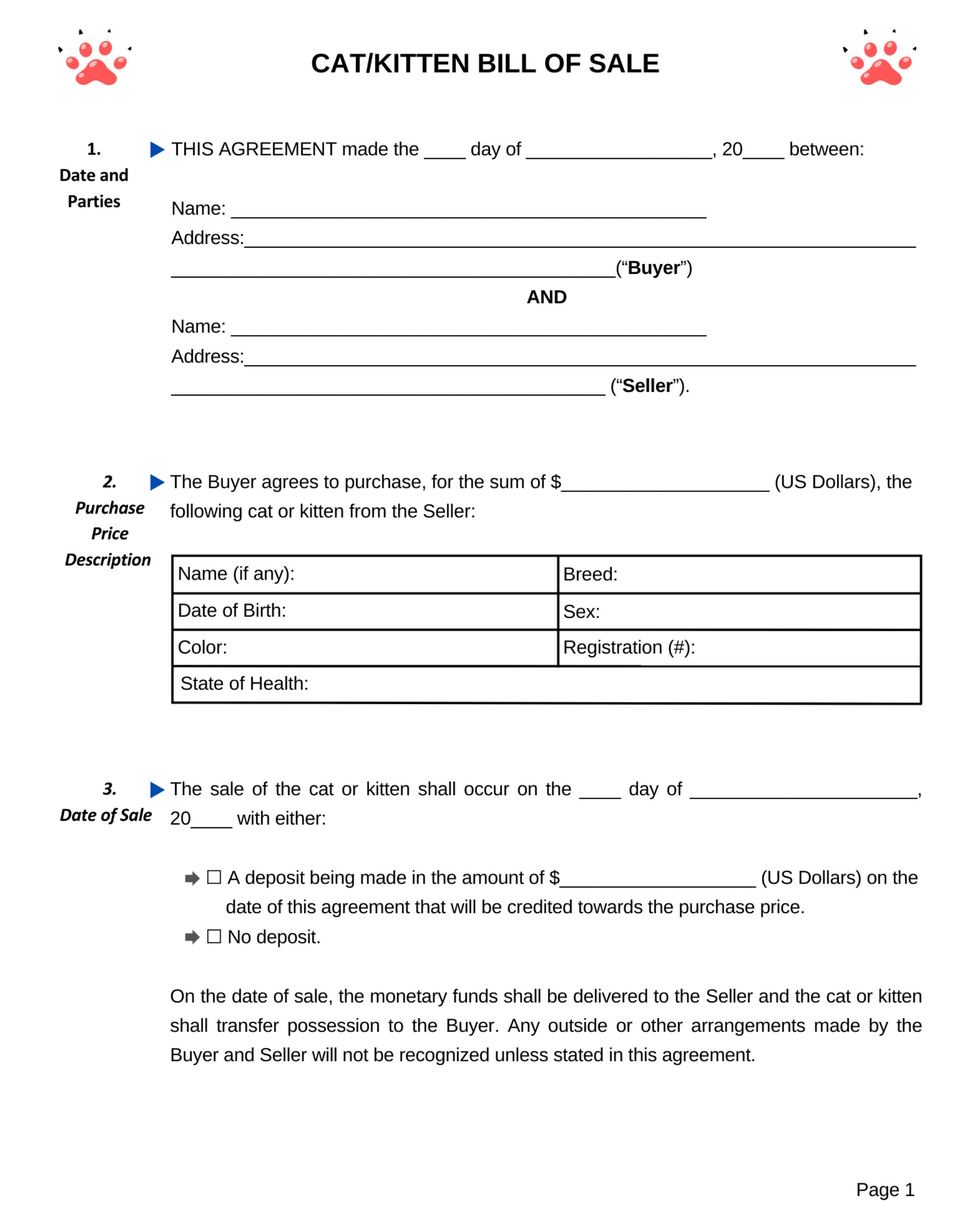 Printable Cat/kitten Bill of Sale Form, Editable Template in Canva ...