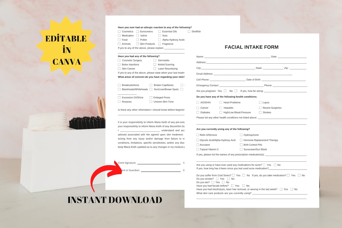 Printable Facial Consultation Form: Client Intake, Editable in Canva ...