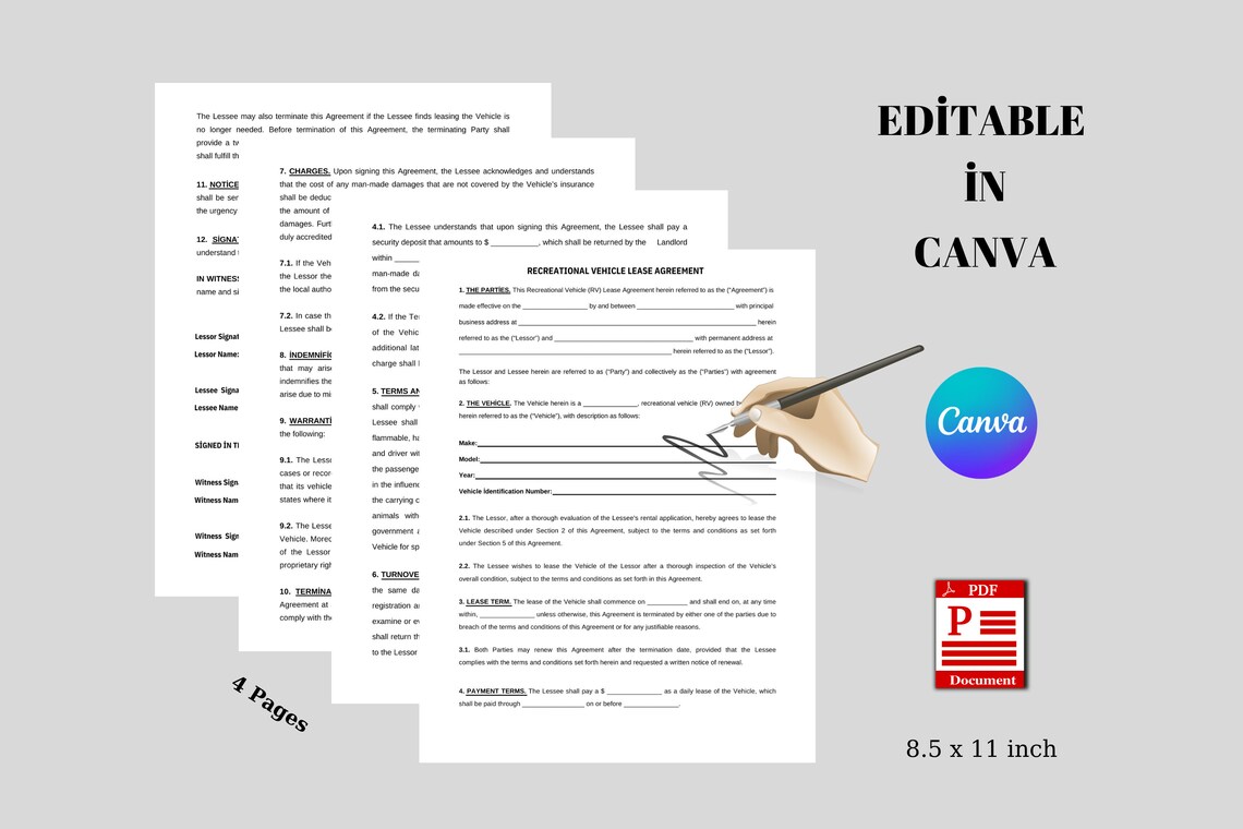 Printable RV Rental Agreement, Short Term Rental RV Camper PDF Digital ...
