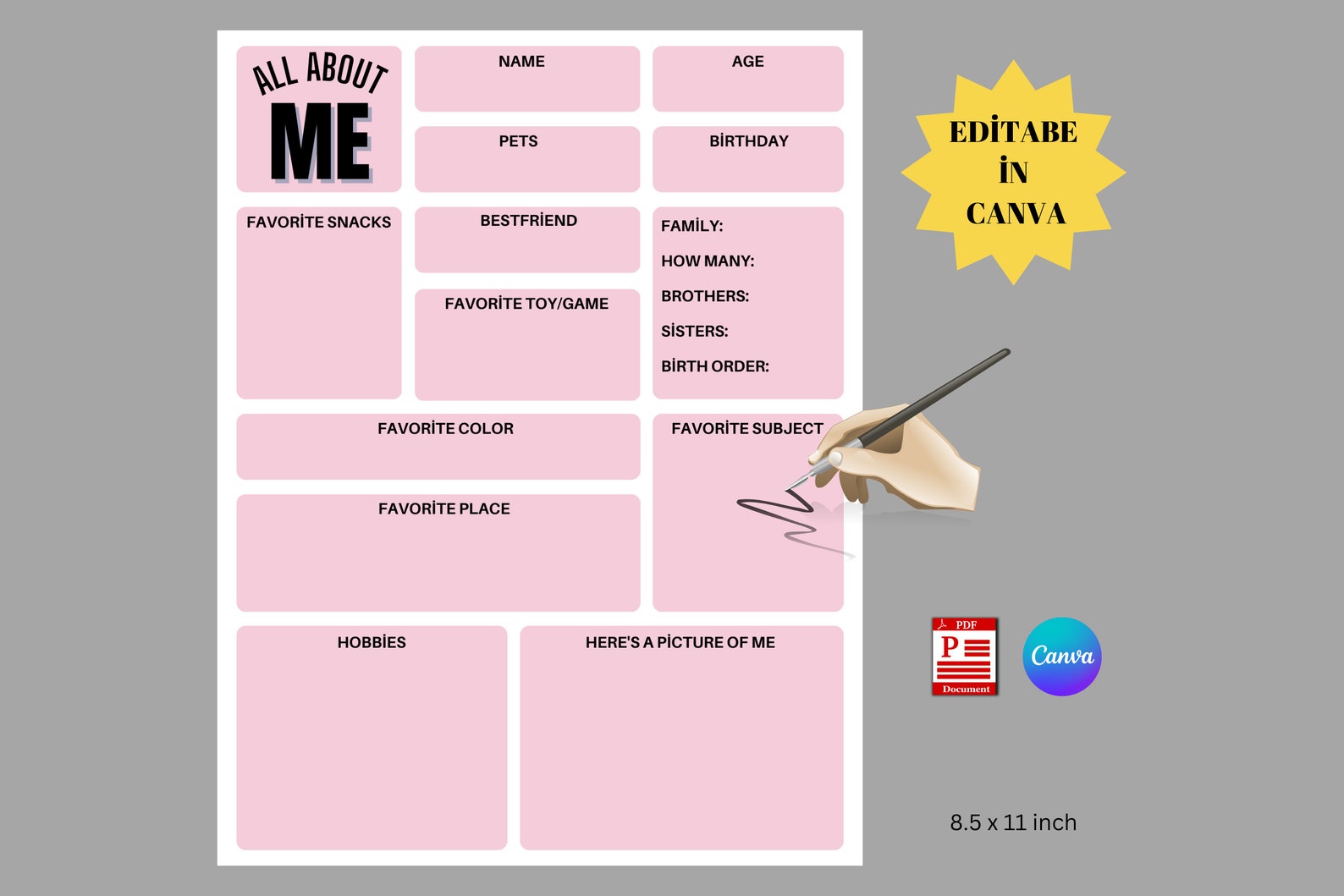 All About Me Template, Colleague Questions Edit as PDF Print - Etsy
