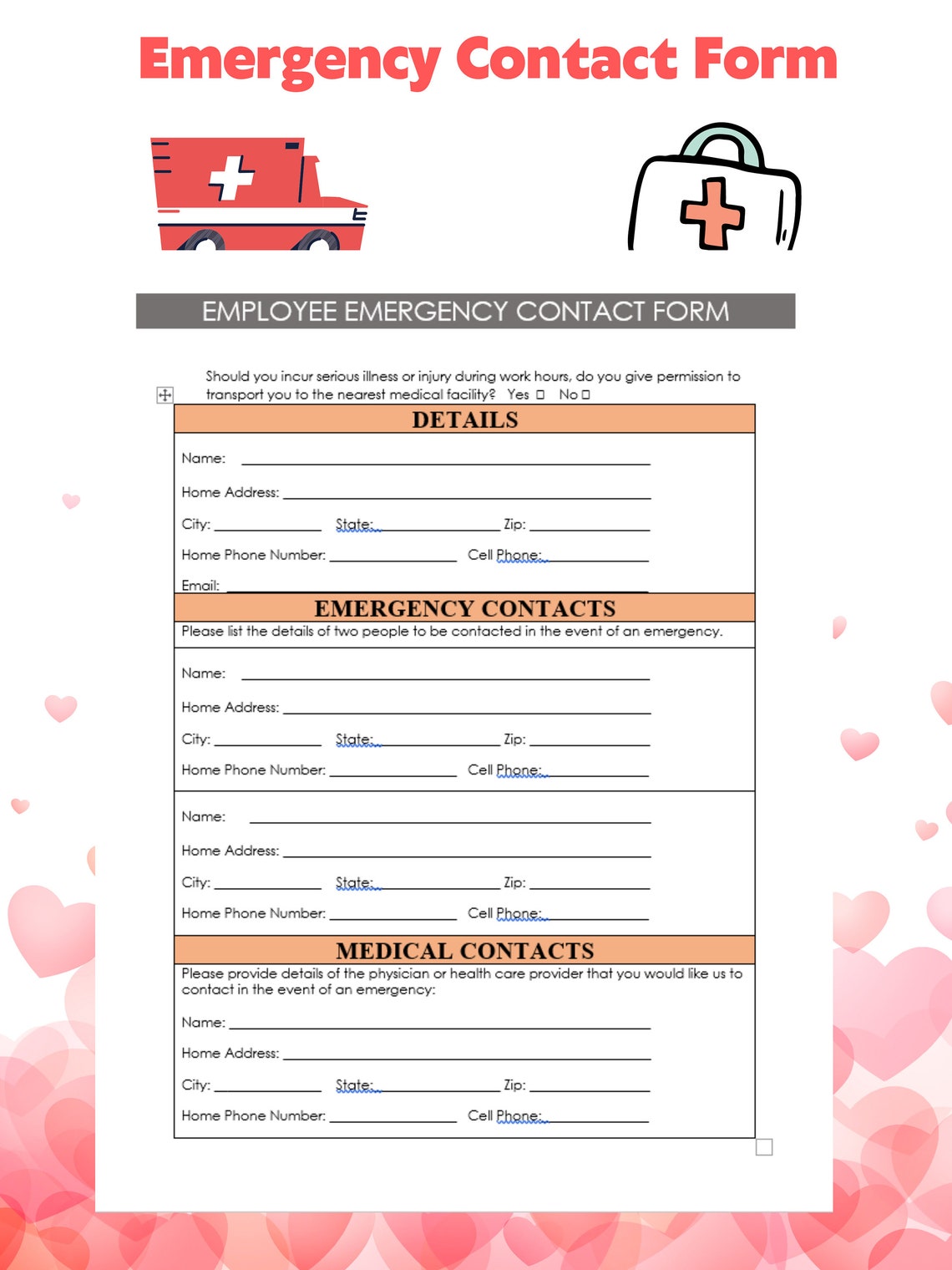Emergency Contact Form Editable In WORD Emergency Contact Form Emergency Contact Form Editable In WORD Emergency Contact Form
