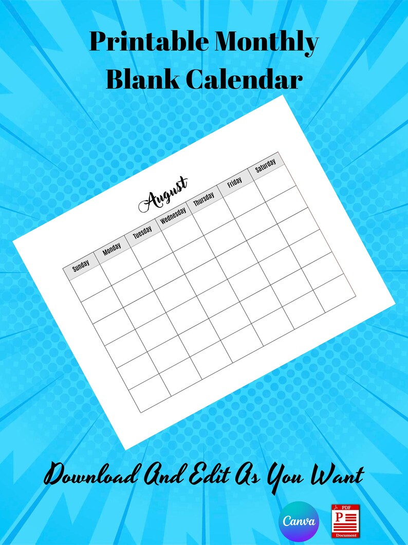 Printable Monthly Blank Calendar, Simple Calendar PDF, Horizontal ...