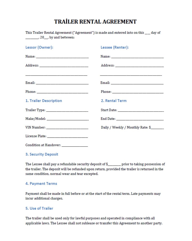 Editable Trailer Rental Agreement Template | Printable Trailer Hire ...