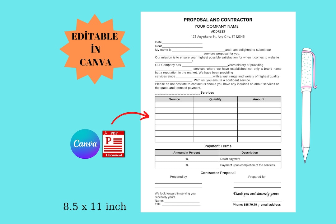 Printable Proposal Contract Form: Editable Template (canva PDF) - Etsy