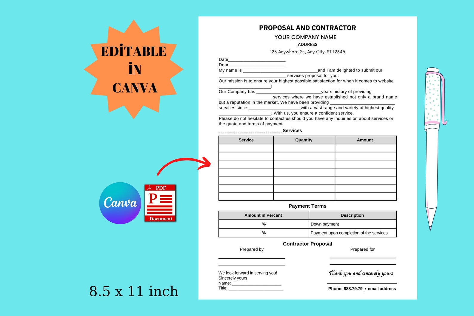 Printable Proposal Contract Form: Editable Template (canva PDF) - Etsy