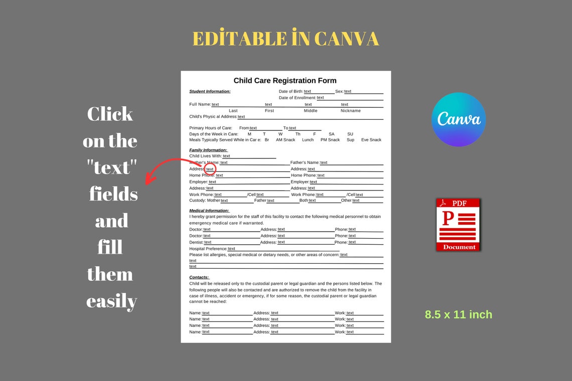 Editable Childcare Registration Form, Nursery, Preschool (WORD, CANVA ...