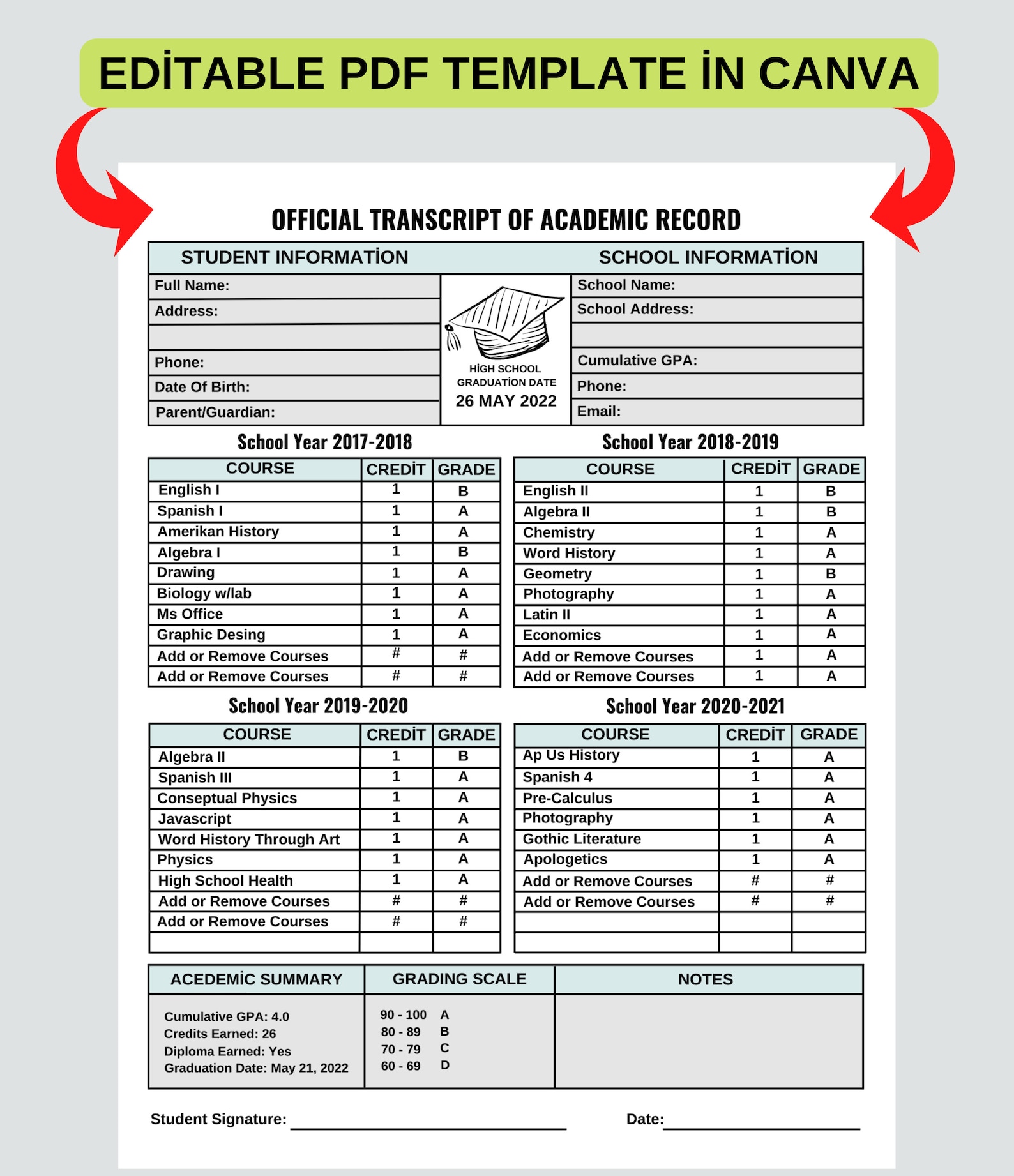 Printable Transcript Template, Homeschool Transcript, Official High ... Printable Transcript Template, Homeschool Transcript, Official High ...