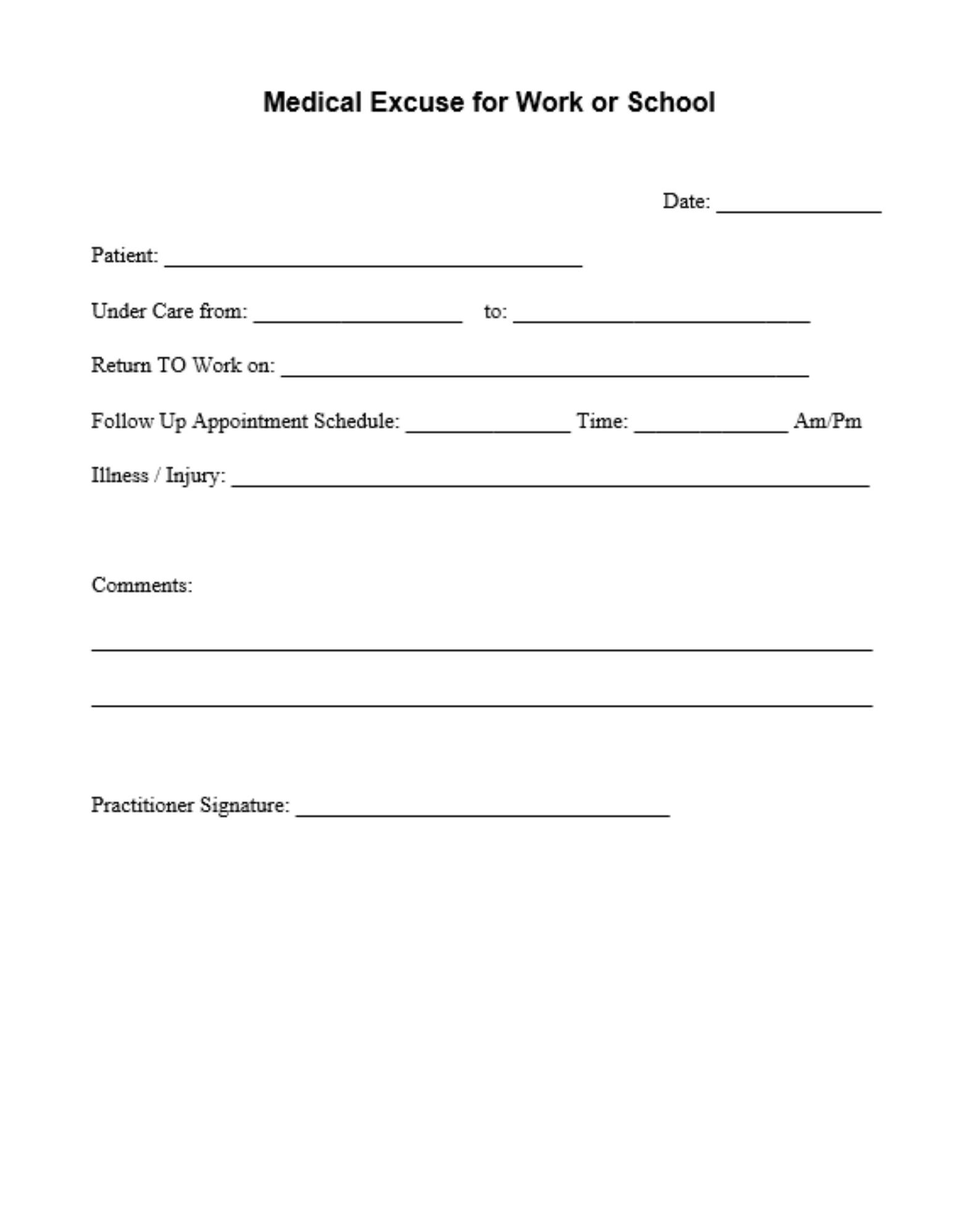 Printable Medical Excuse for Work or School Form, Editable Excuse Form ...