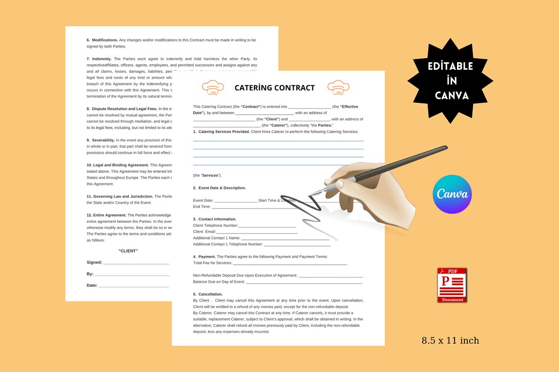 Printable DIY Catering Contract, Editable Food Supply Contract, Wedding ...