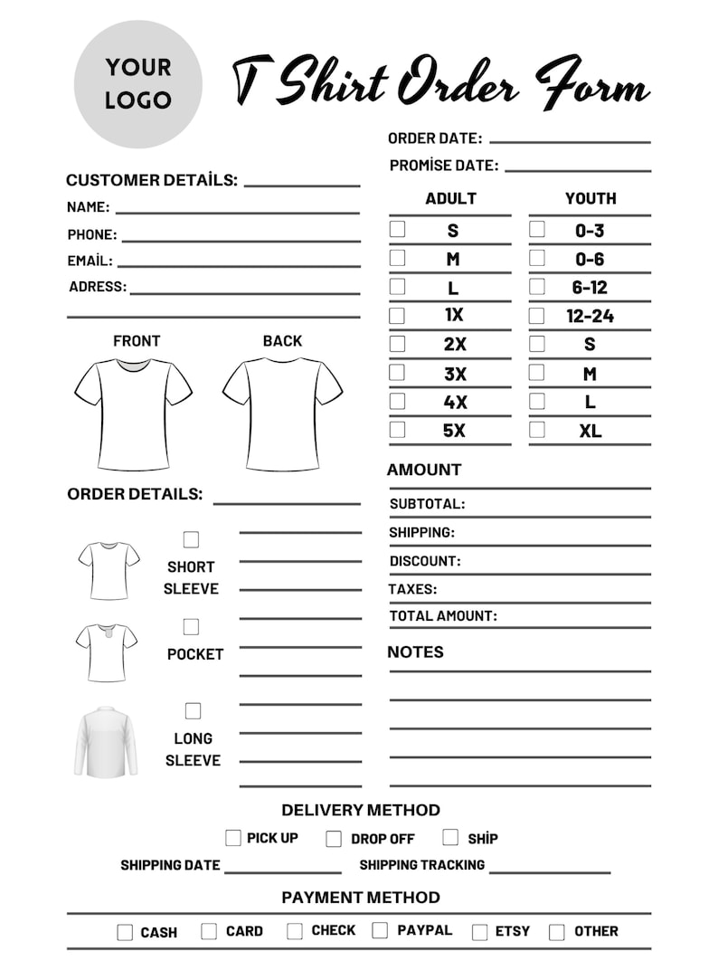 Printable Shirt Order Form, Shirt Order Form Template, Custom Order ...