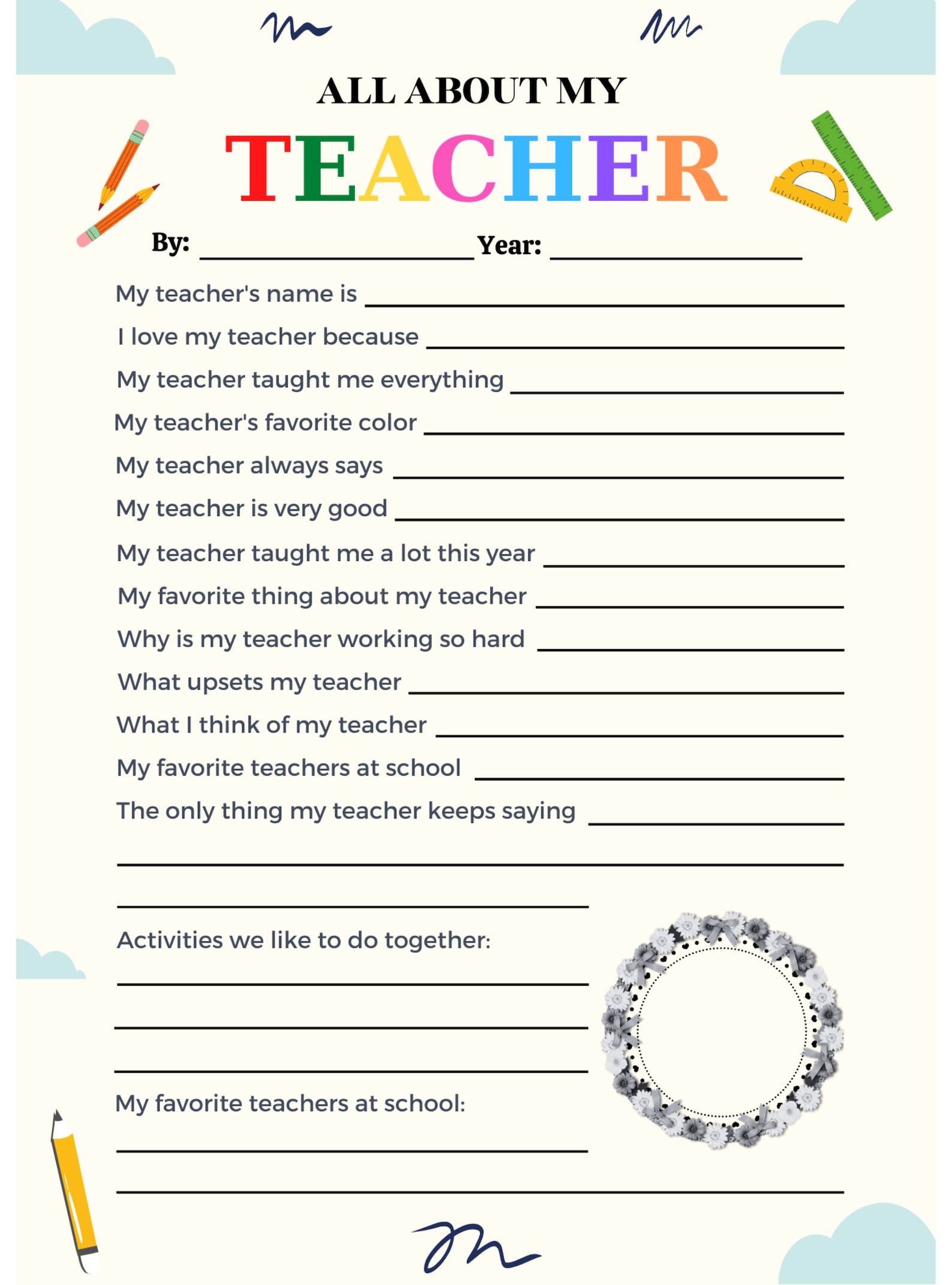 Printable Teacher Appreciation Week, Teacher Survey, All About My ...