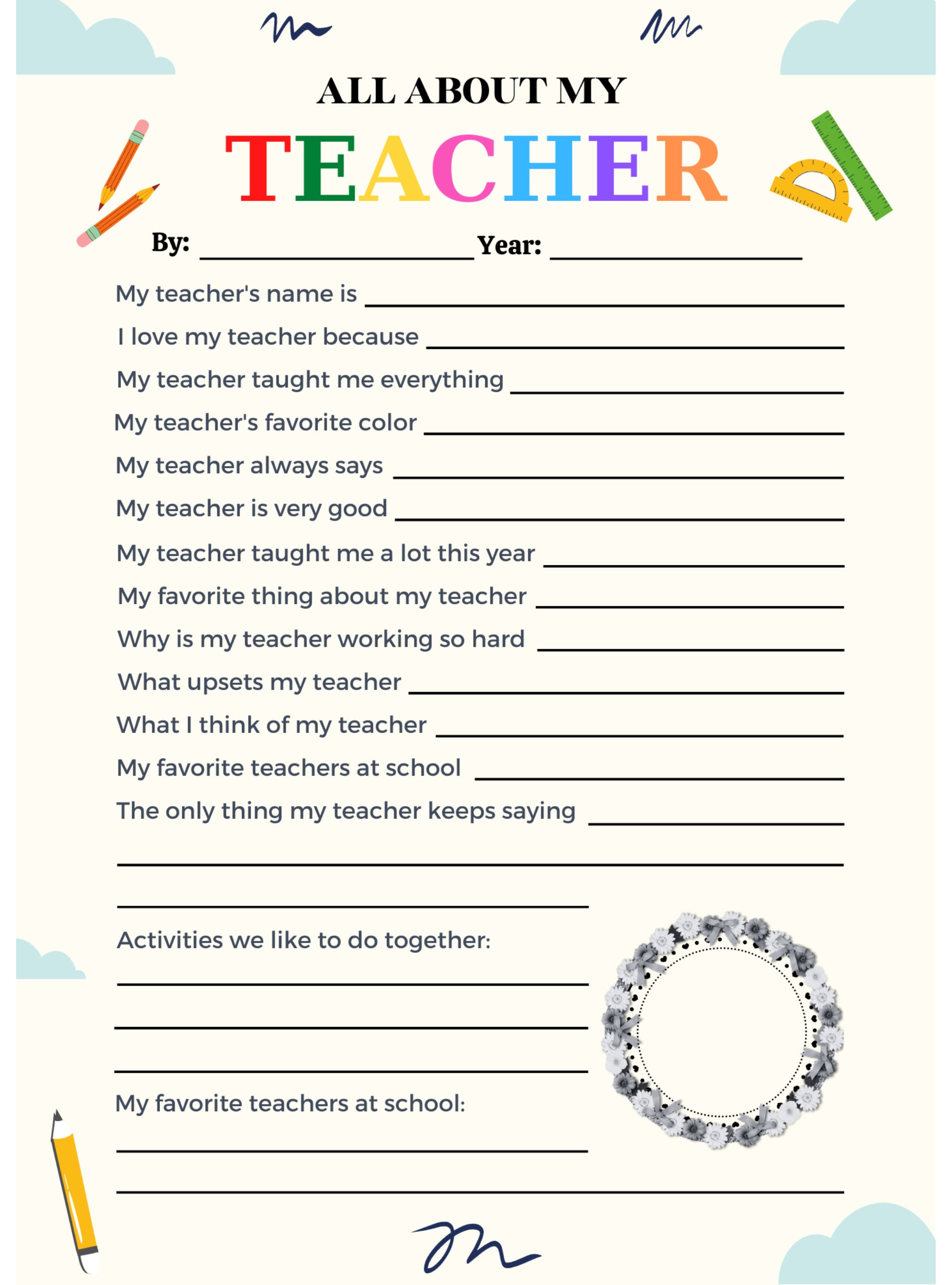 Printable Teacher Appreciation Week, Teacher Survey, All About My ...