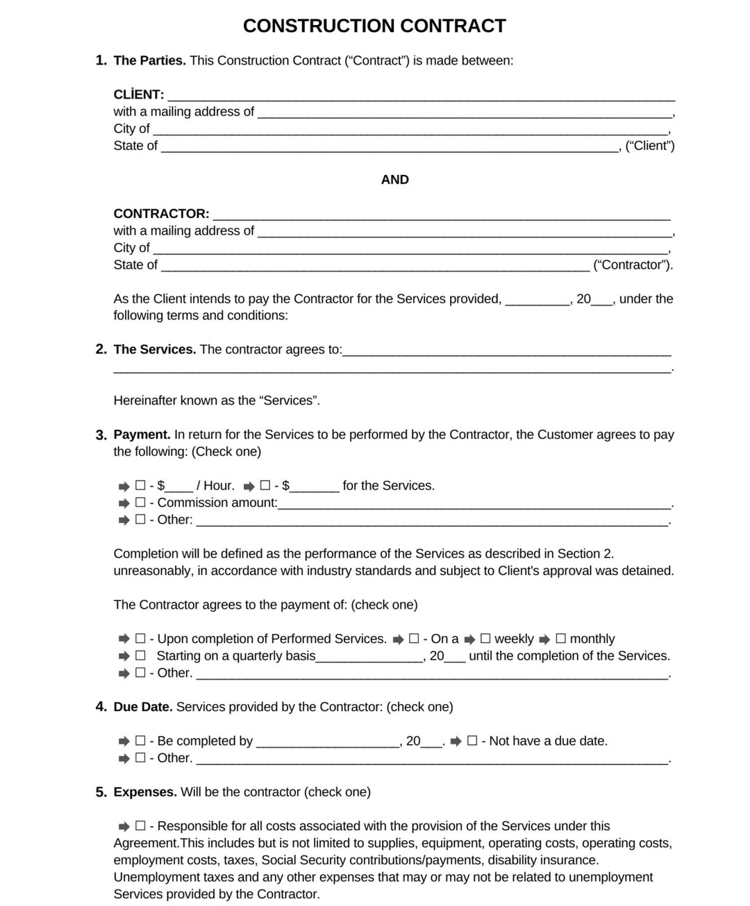 Printable Construction Contract, Editable Construction Template ...