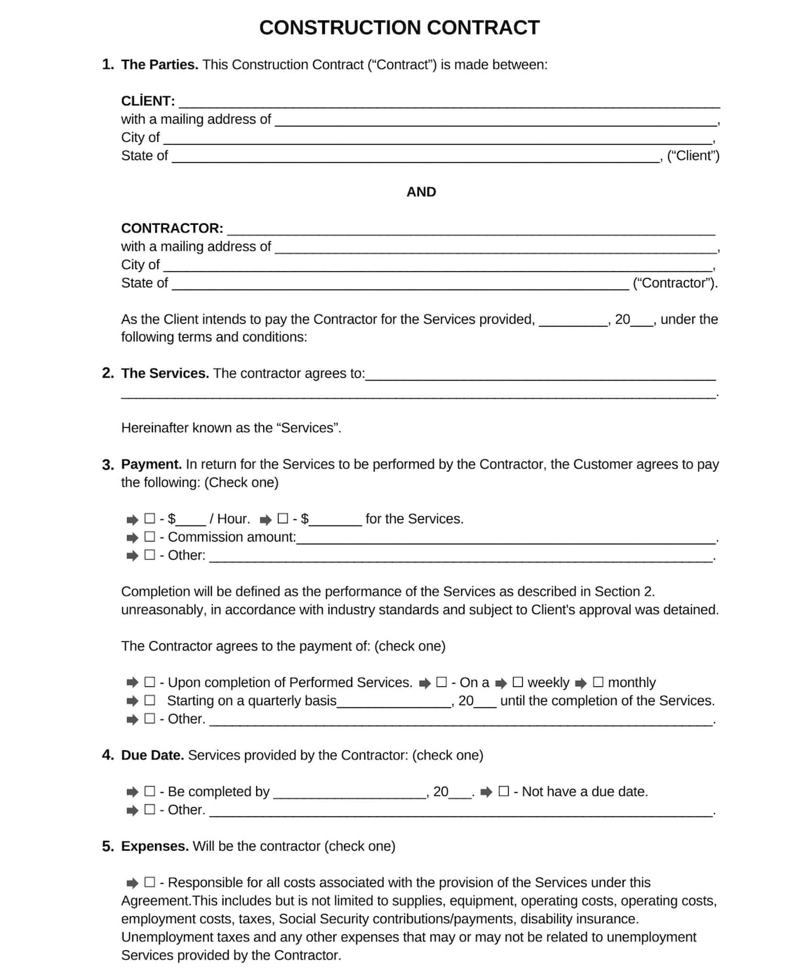 Printable Construction Contract, Editable Construction Template ...