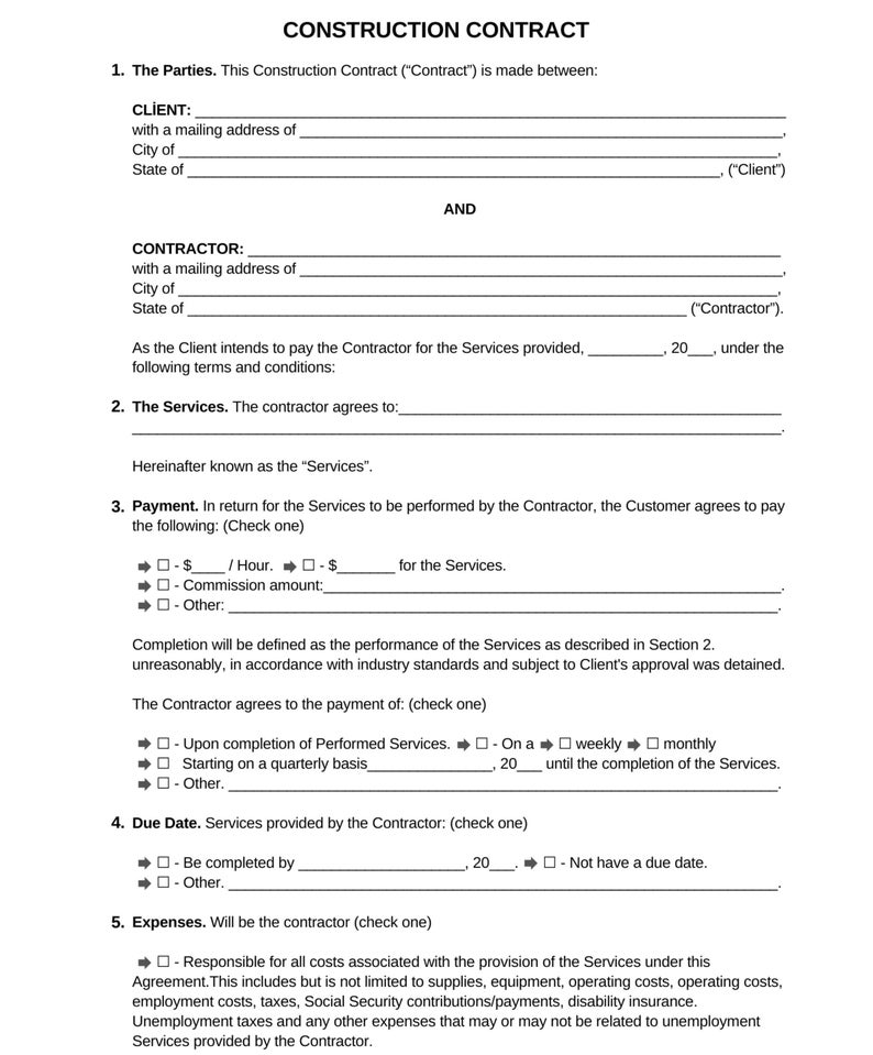 Printable Construction Contract, Editable Construction Template ...