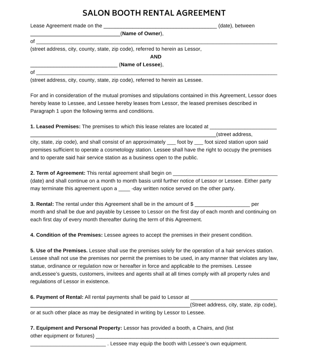 Printable Salon Booth Rental Agreement - Etsy