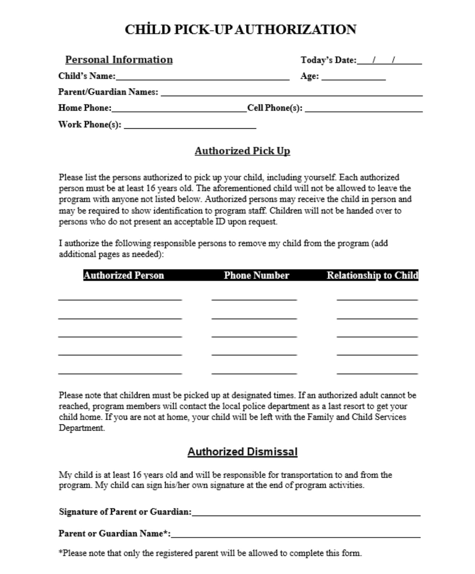 Printable Child Pickup Form, Authorized Pickup Template, Edit in Word ...