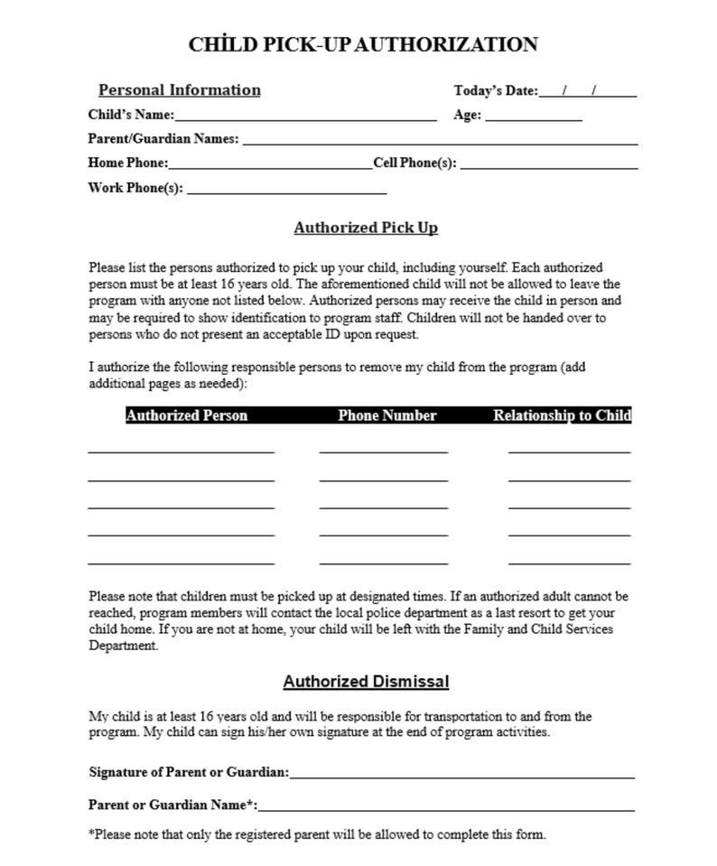 Printable Child Pickup Form, Authorized Pickup Template, Edit in Word ...