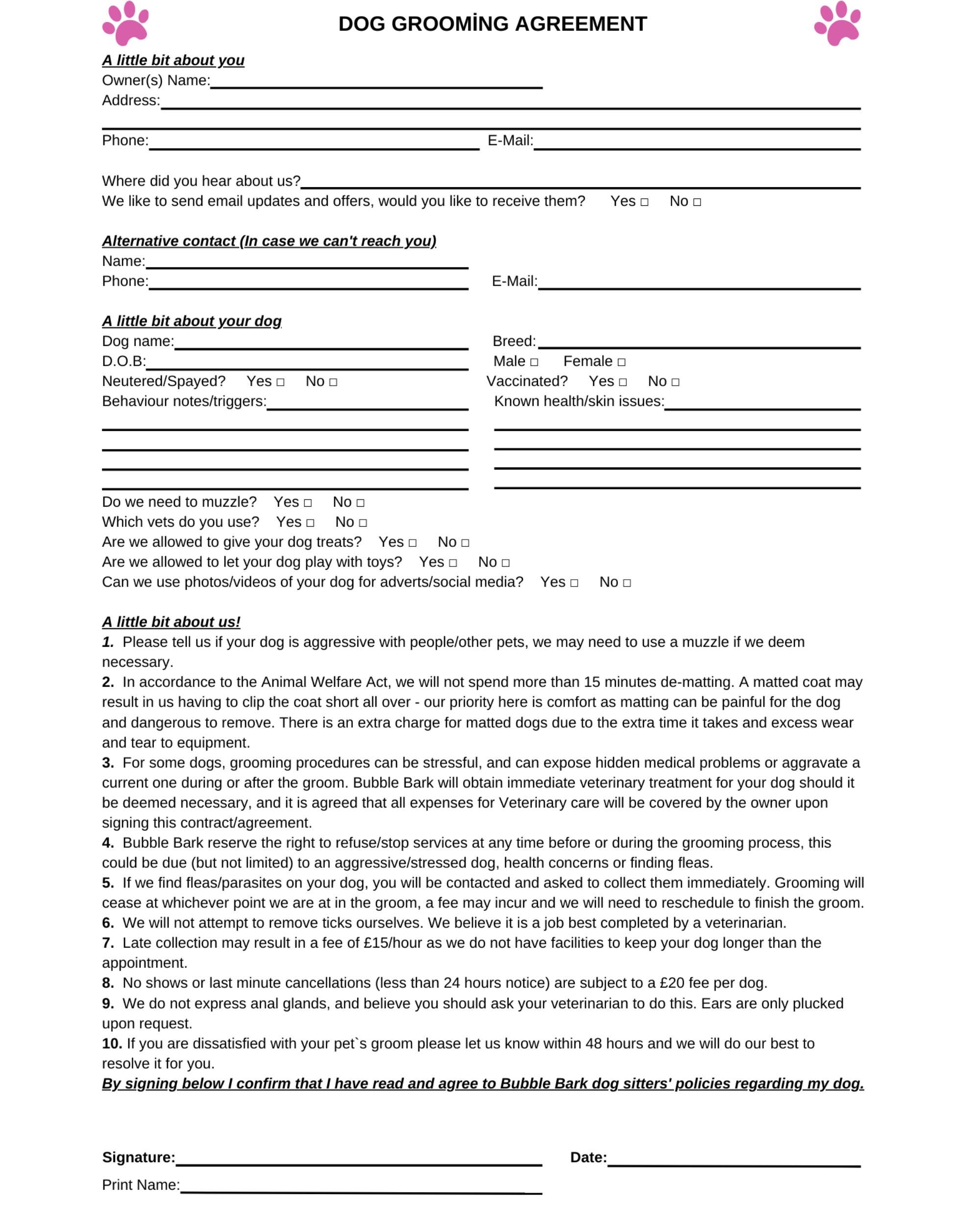 Printable Dog Grooming Contract Template, Editable Dog Grooming ...