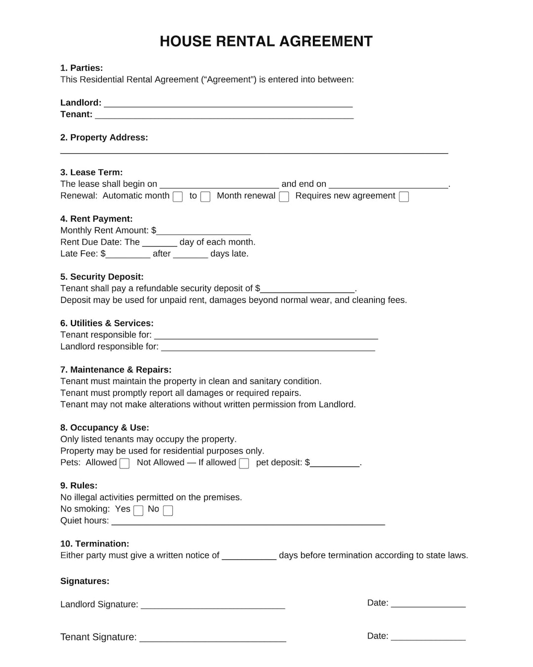 Printable House Rental Agreement, Editable One-page Residential ...
