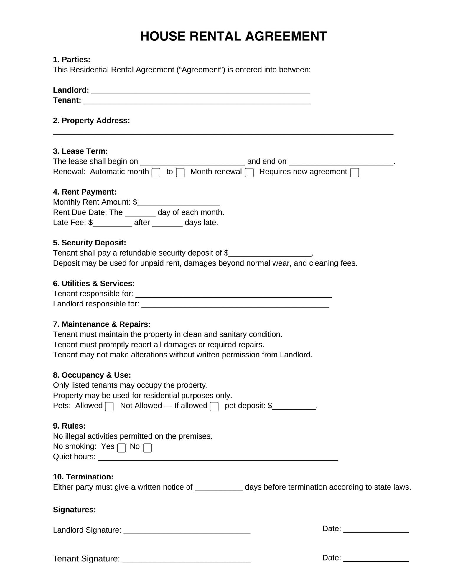 Printable House Rental Agreement, Editable One-page Residential ...