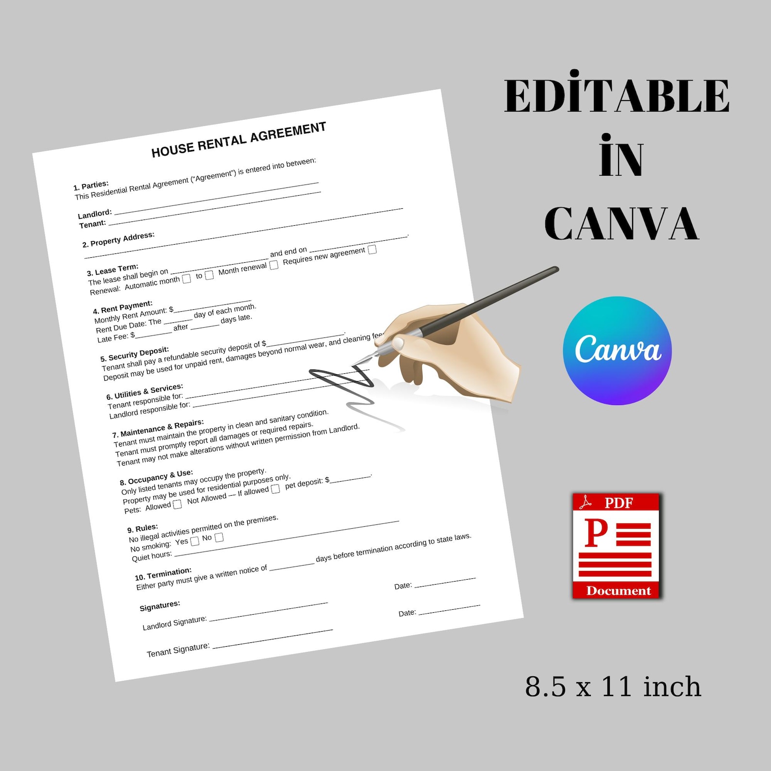 Printable House Rental Agreement, Editable One-page Residential ...