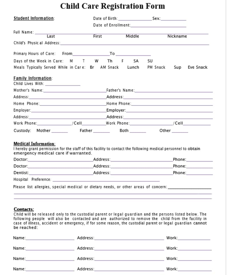 Editable Childcare Registration Form, Nursery, Preschool (WORD, CANVA ...