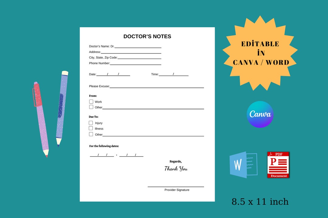 Doctor's Excuse Template, Editable in Canva Medical Office Forms Work ...