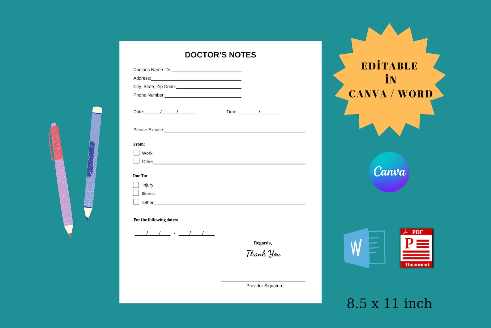 Doctor's Excuse Template, Editable in Canva Medical Office Forms Work ...