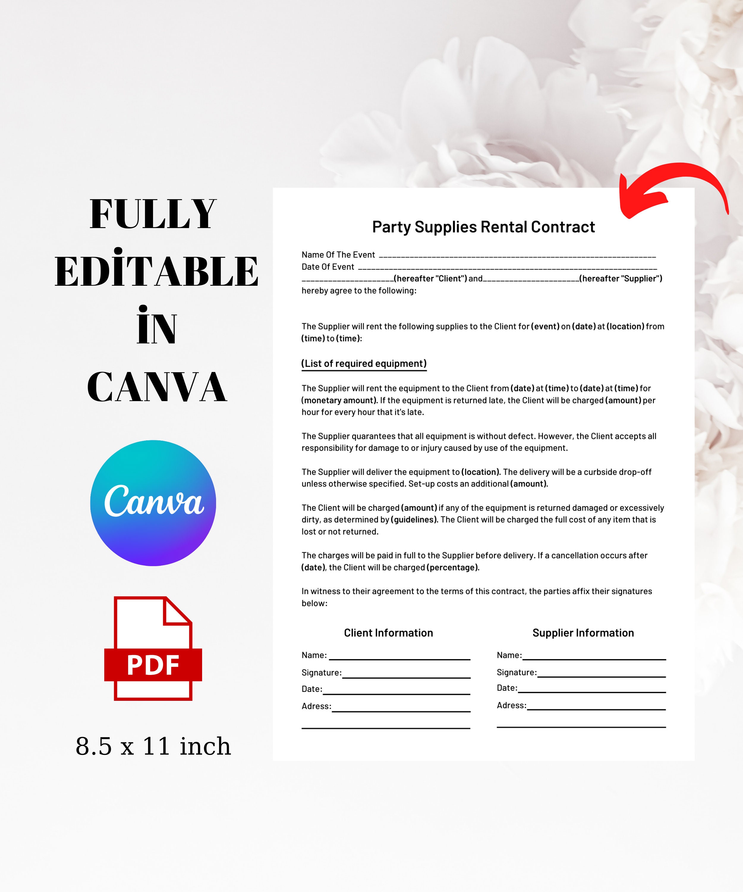 Printable Party Supply Rental Contract: Editable Canva Template ...
