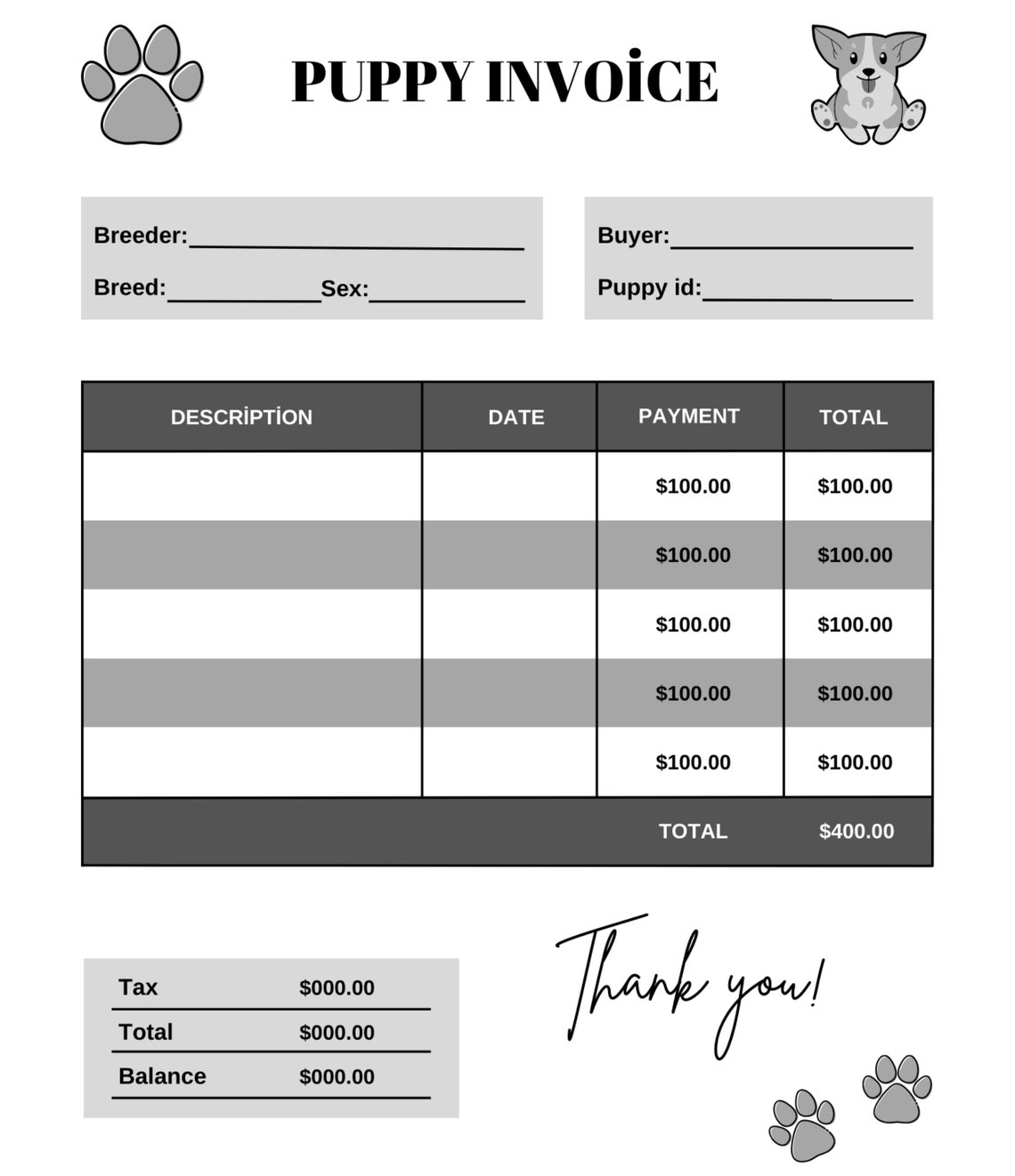 Printable Breeder Puppy Invoice, Selling A Puppy - Etsy