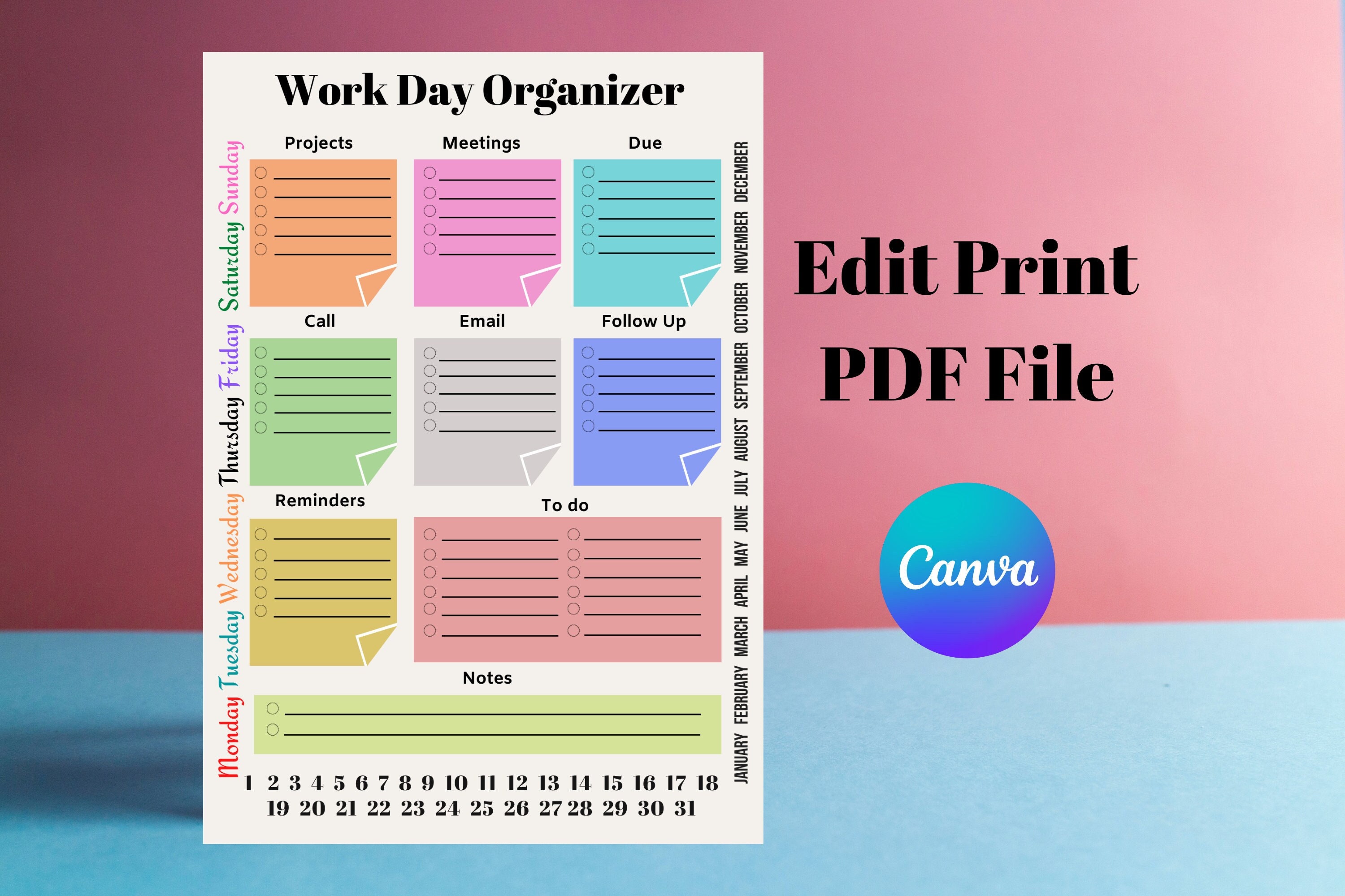 Workday Organizer Template Work Planner Editable PDF to Do - Etsy