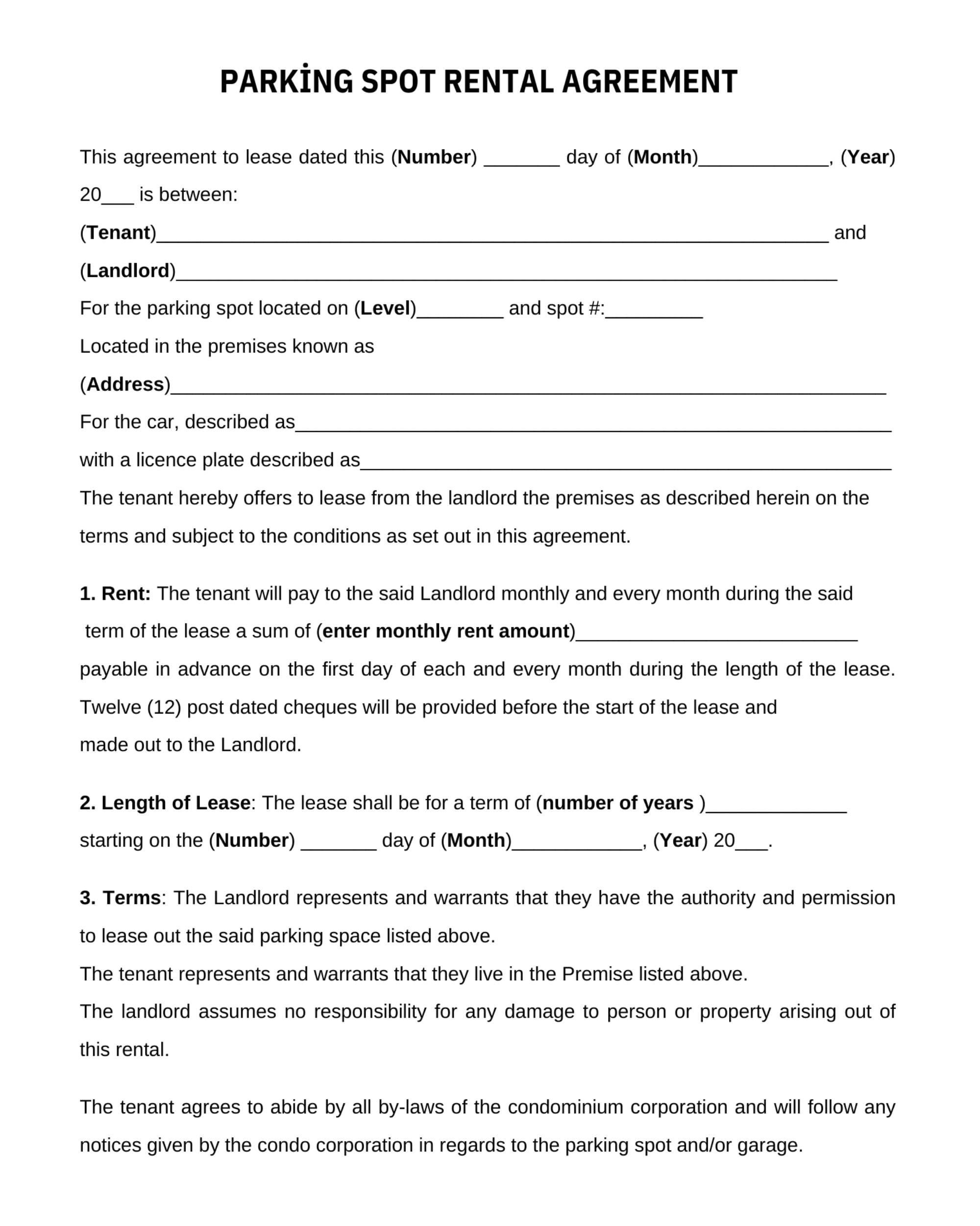 Printable Parking Space Lease Agreement: Editable PDF Form - Etsy
