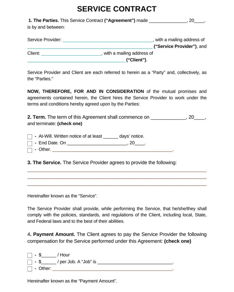 Easy and Simple Printable Service Contract Templates, Editable and ...