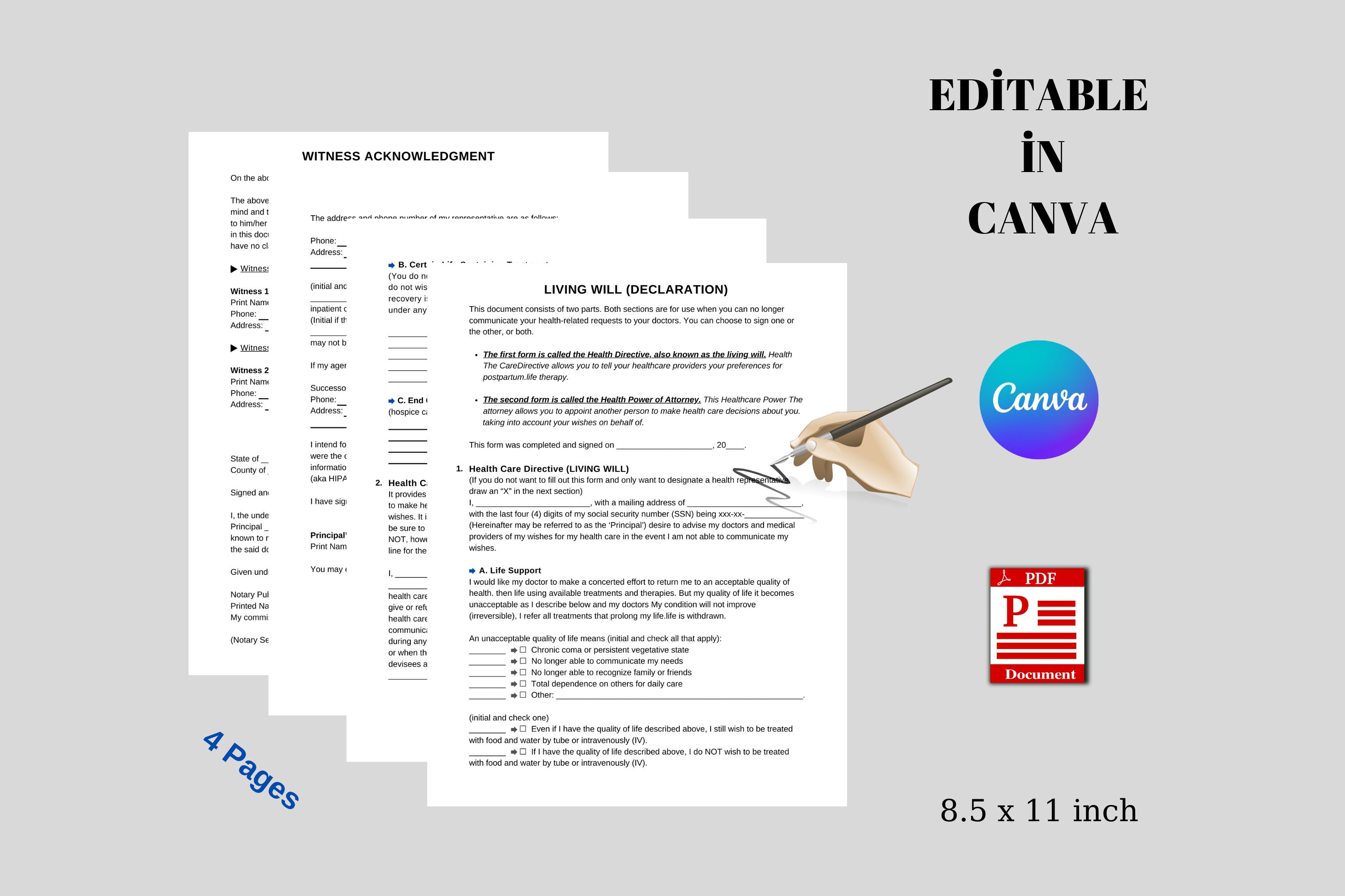 Printable Living Will Form: Editable Health Directive (digital Download ...