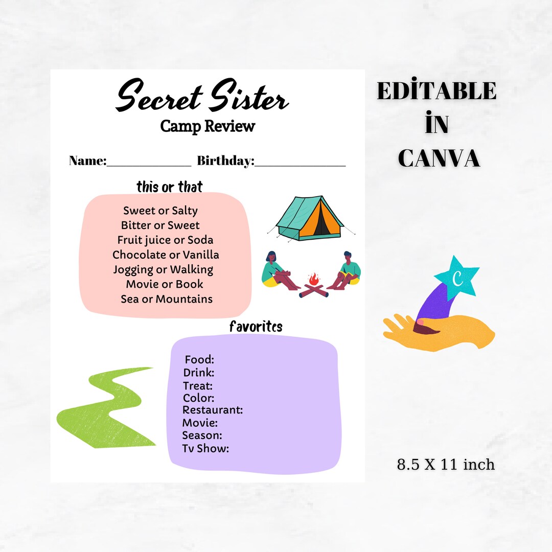 Girls Camp Secret Sister Survey Template: Editable PDF (canva Download ...