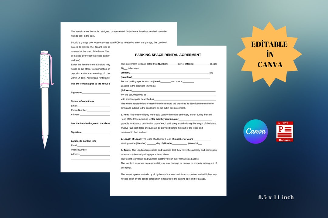 Printable Parking Space Lease Agreement: Editable PDF Form - Etsy