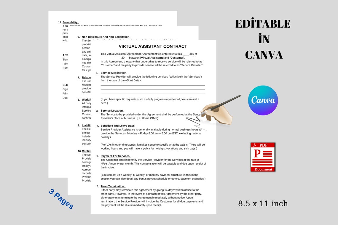 Printable Virtual Assistant Contract Template: Editable Client Service ...