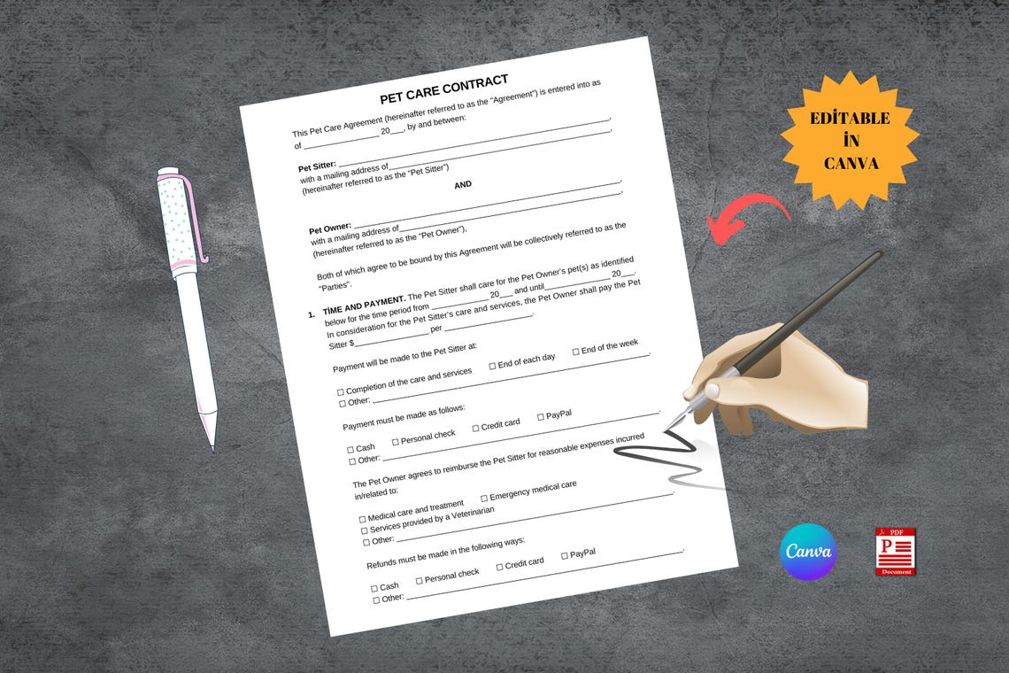 Printable Pet Sitting Contract, Editable Pet Sitting Form Digital ...