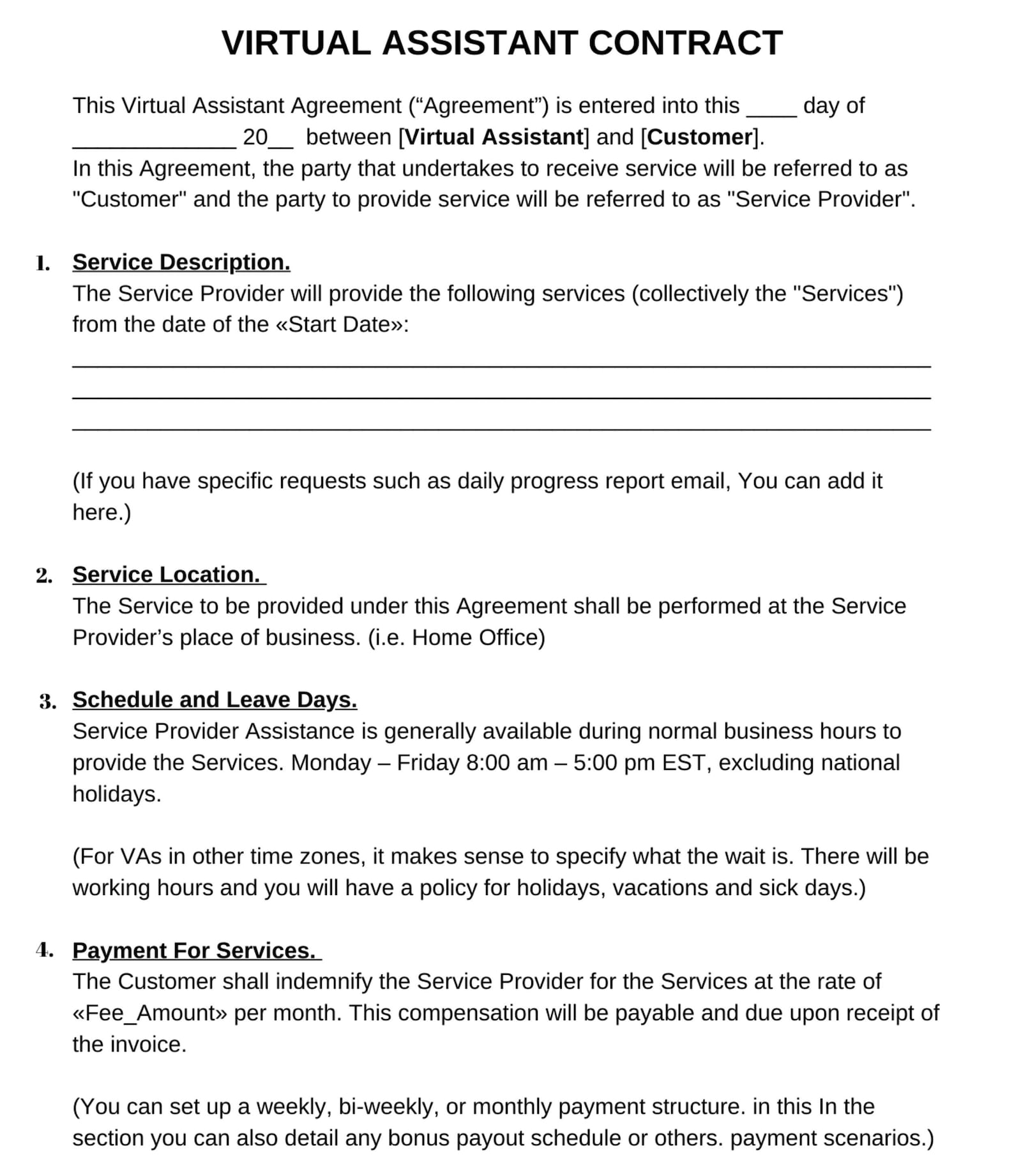 Printable Virtual Assistant Contract Template: Editable Client Service ...