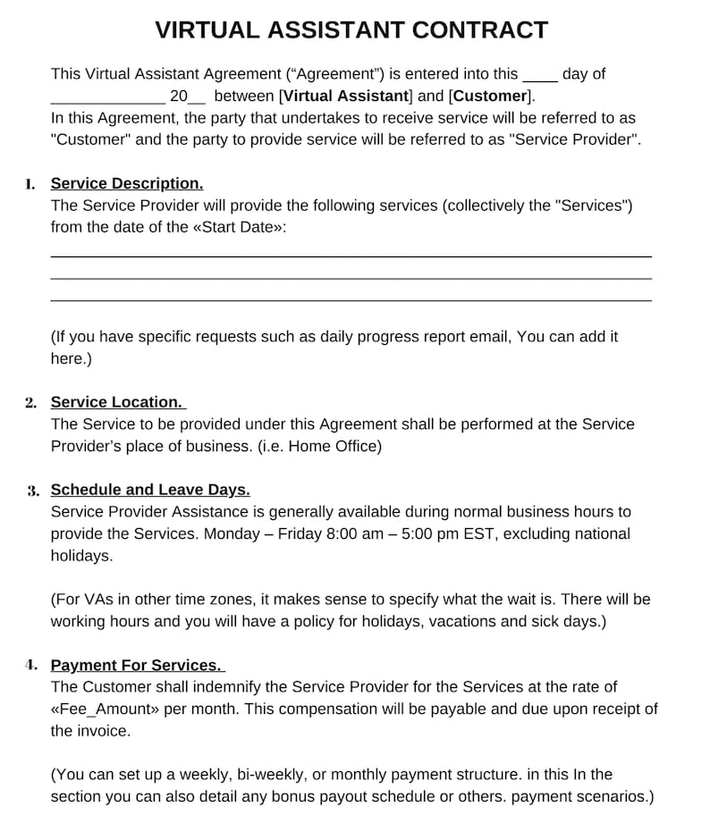 Printable Virtual Assistant Contract Template: Editable Client Service ...